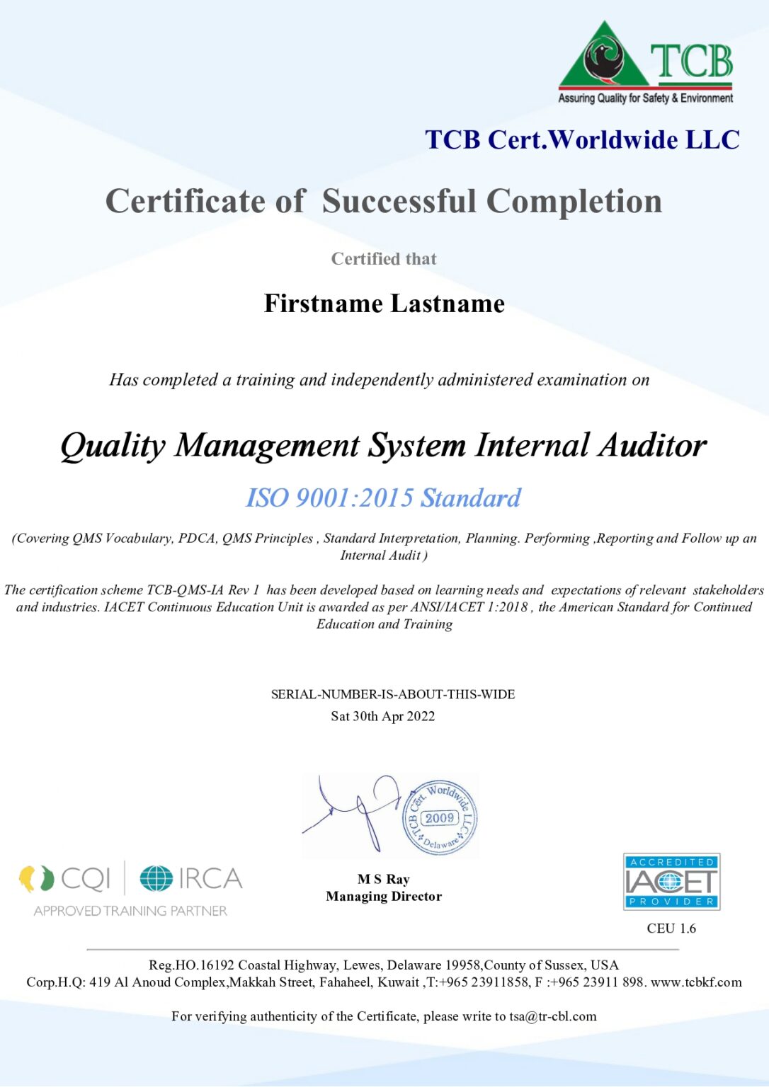 ISO 9001:2015 QMS Internal Auditor Training – TCBKF | Advance Certified ...