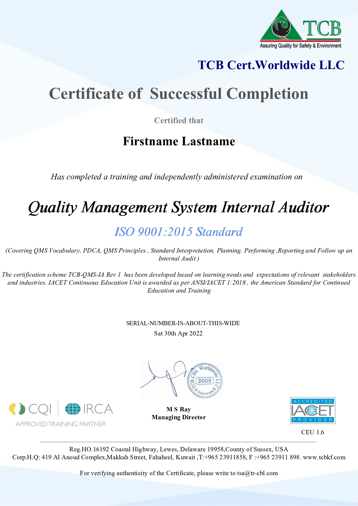 ISO 9001:2015 QMS Internal Auditor Training – TCBKF | Advance Certified ...